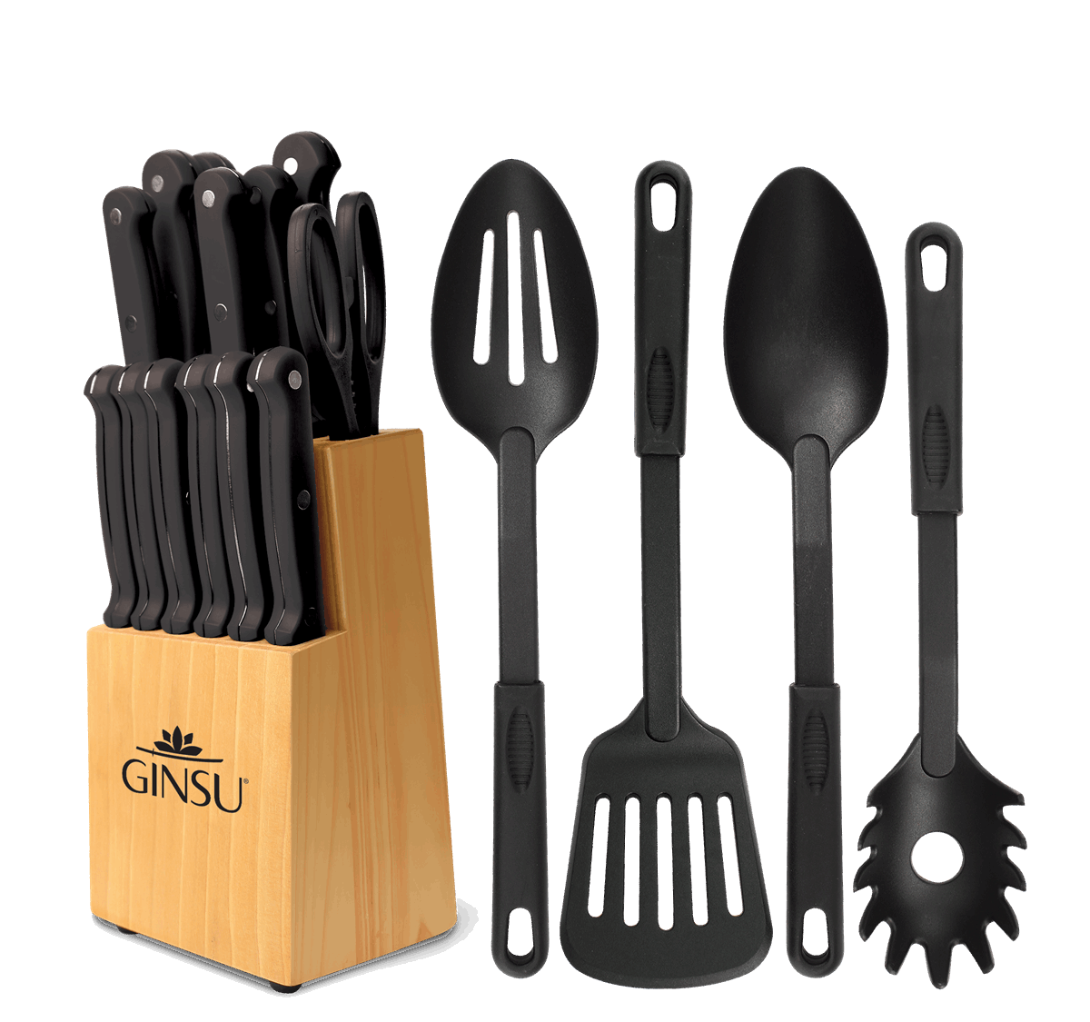 Ginsu®Kiso® 18 Piece Black Set with Wood Block